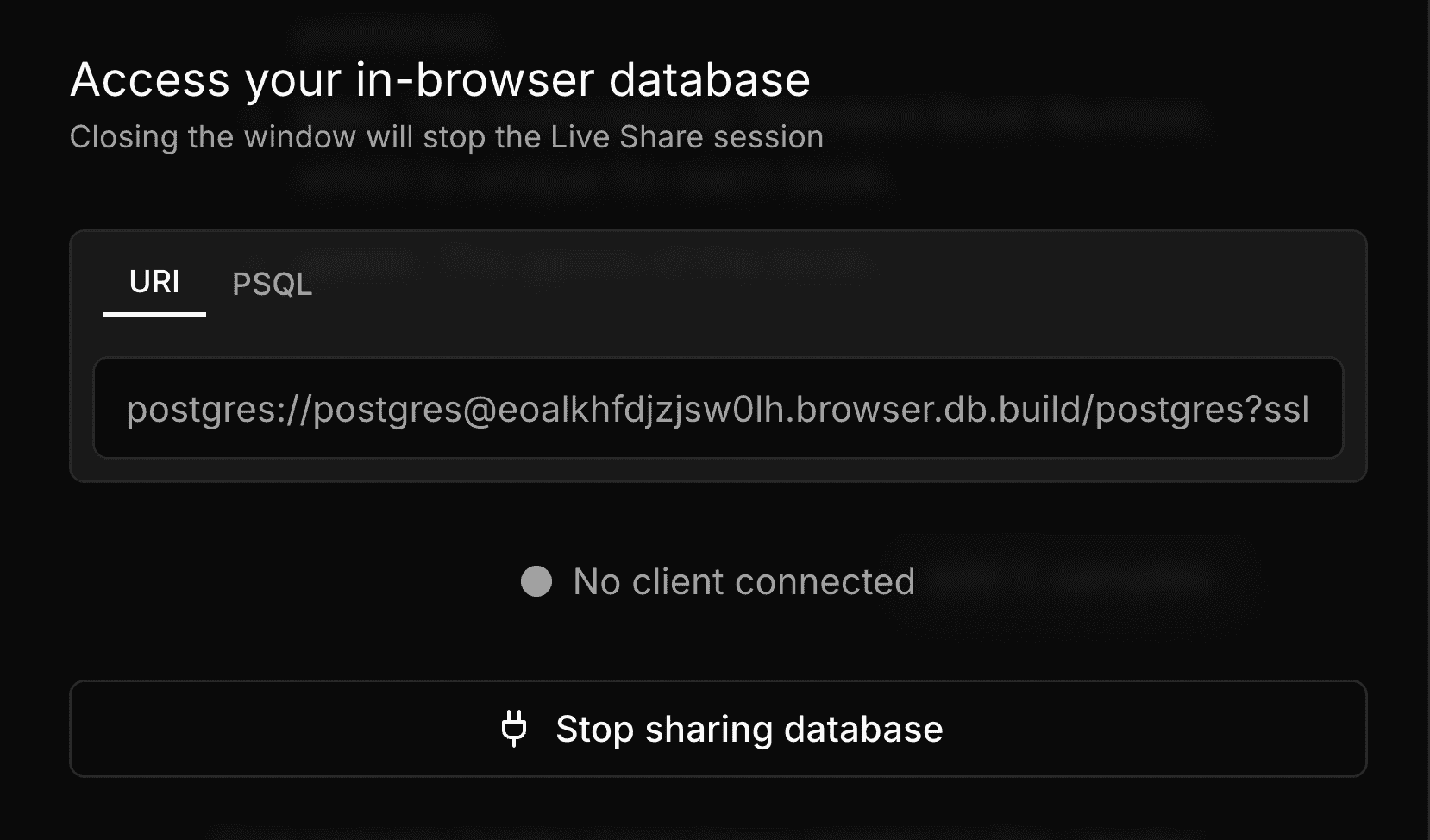 Live Share: Connect to in-browser PGlite with any Postgres client