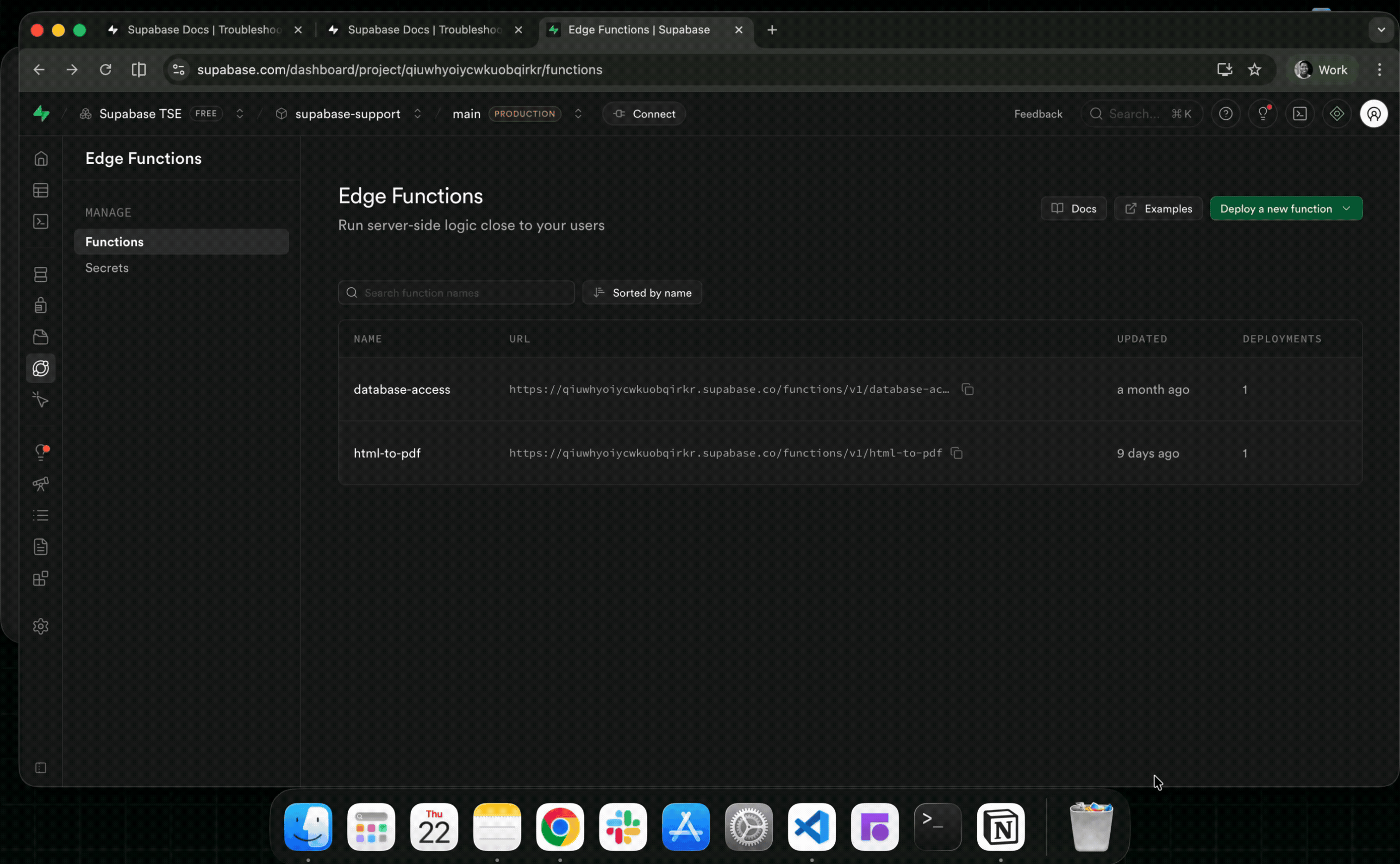 Supabase Docs | Troubleshooting | Transfer edge functions from one project to another